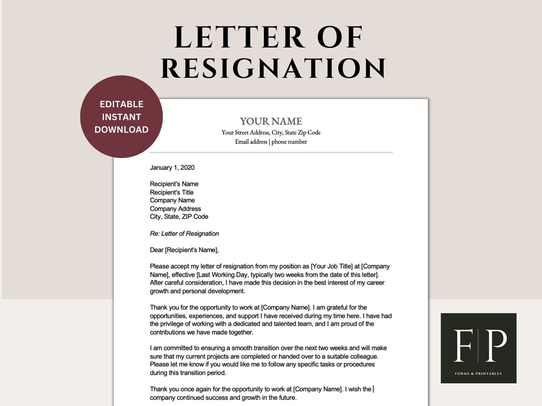 Professional Resignation Letter Template Microsoft Word Docx - Etsy