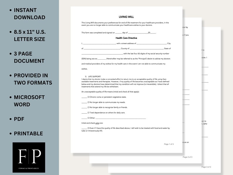 Living Will Form | Health Care Directive | Advanced Directives Form | U ...