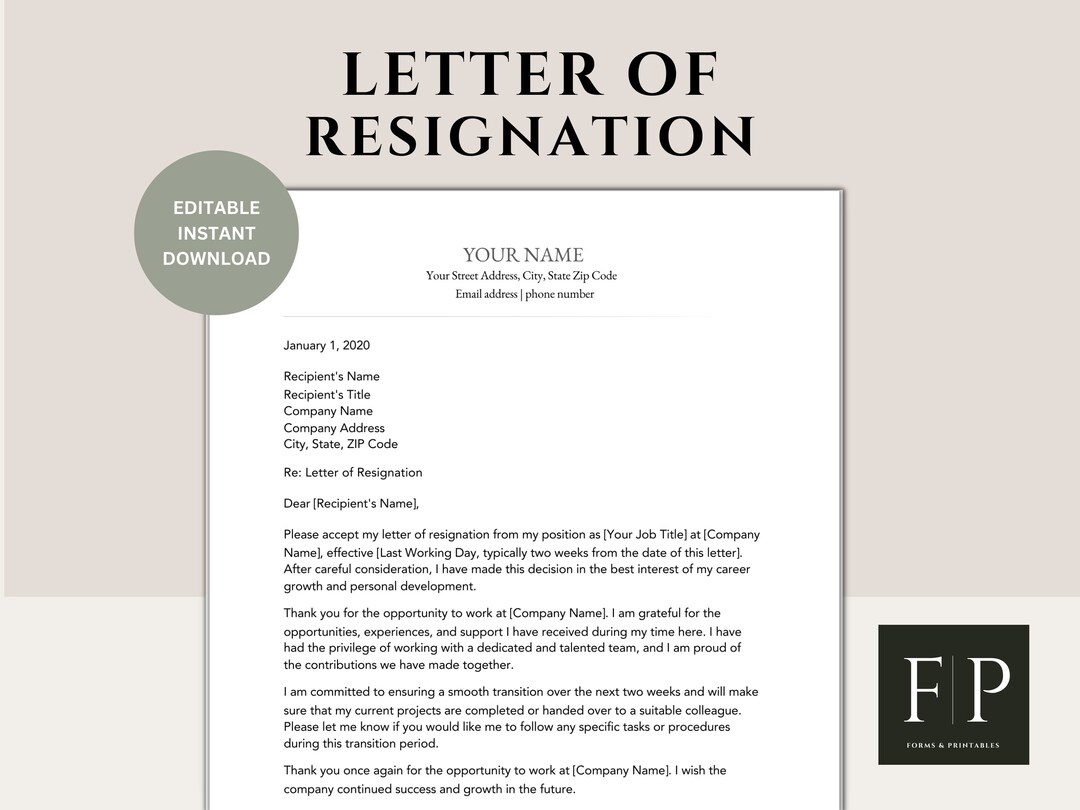 Resignation Letter Template Editable Microsoft Word Etsy
