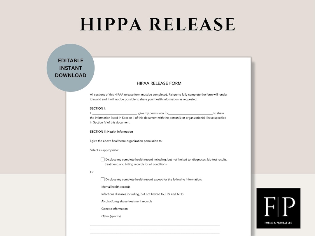 HIPAA Release Form: Editable MS Word & PDF Template (instant Download ...
