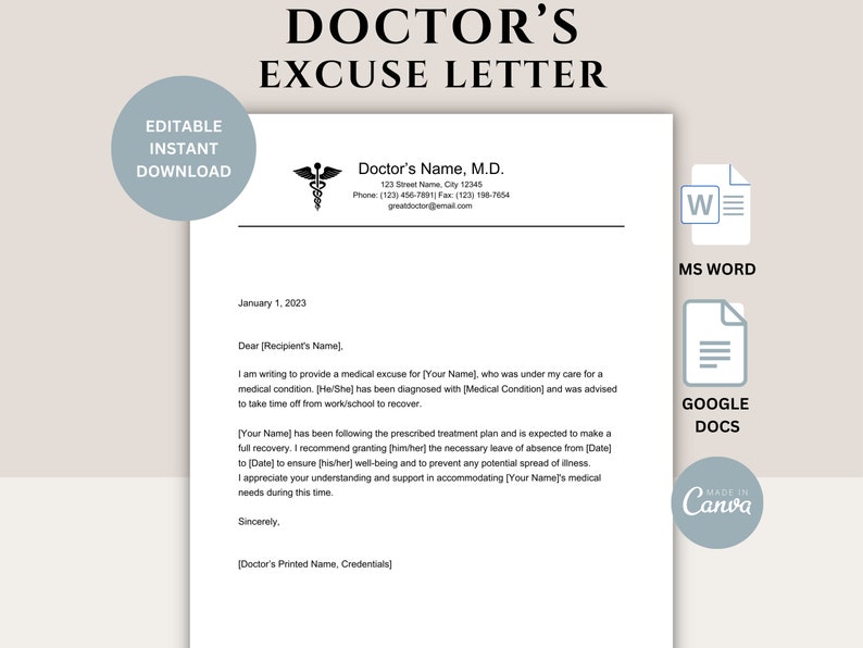 Doctor's Note Template Doctor's Excuse Letter Doctor Excuse Work School ...