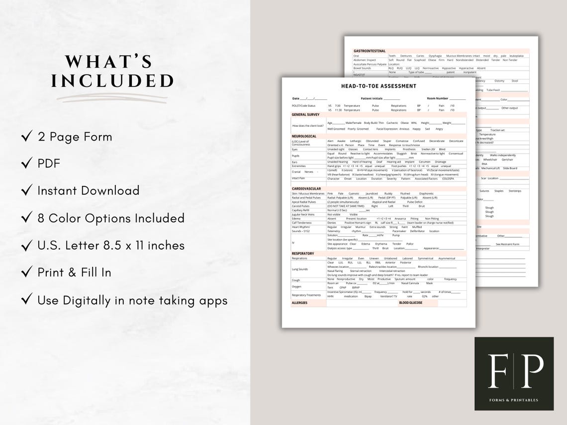 Head-to-toe Assessment Template: Nursing School Form (PDF) - Etsy