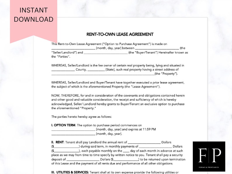 Rent to Own Lease Agreement Printable Rental Agreement - Etsy