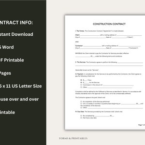 Construction Contract | Editable in MS WORD | PDF Printable | Instant ...