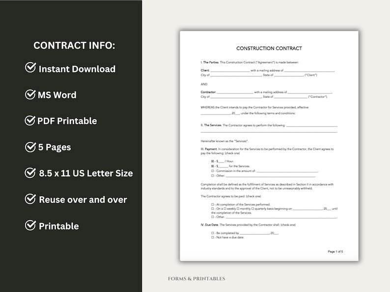Construction Contract | Editable in MS WORD | PDF Printable | Instant ...