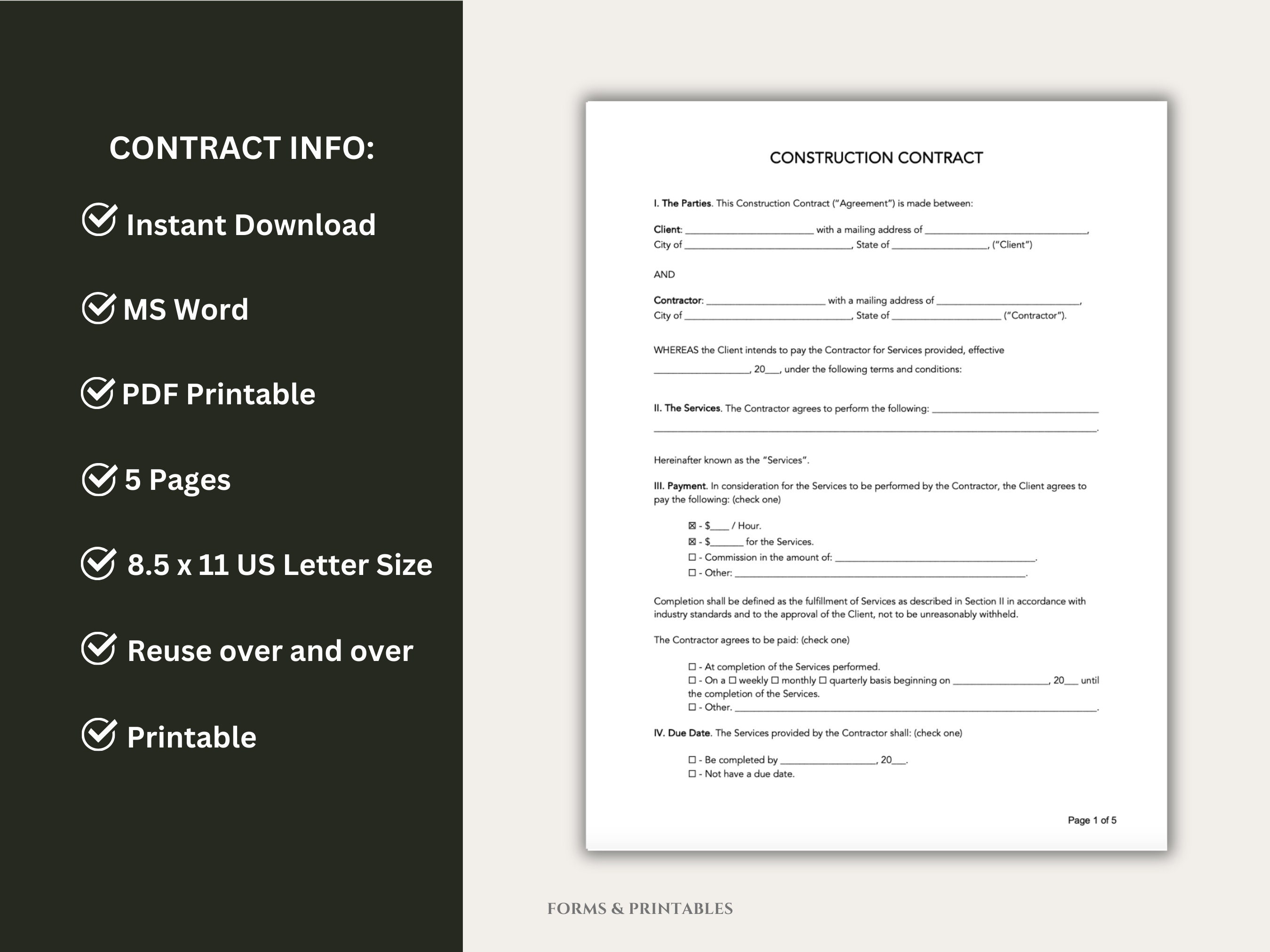 Construction Contract | Editable in MS WORD | PDF Printable | Instant ...