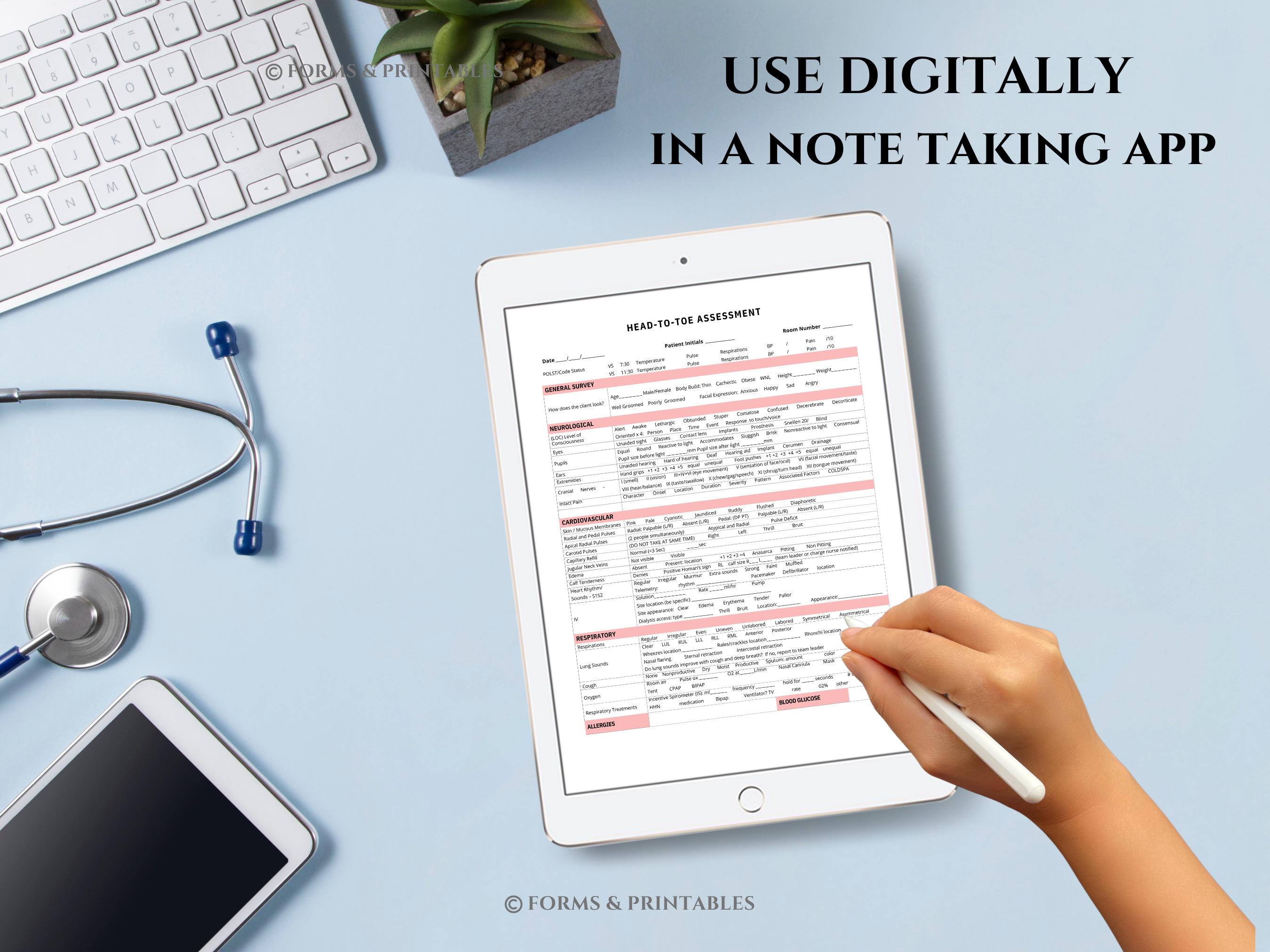 Head-to-toe Assessment Template: Nursing School Form (PDF) - Etsy