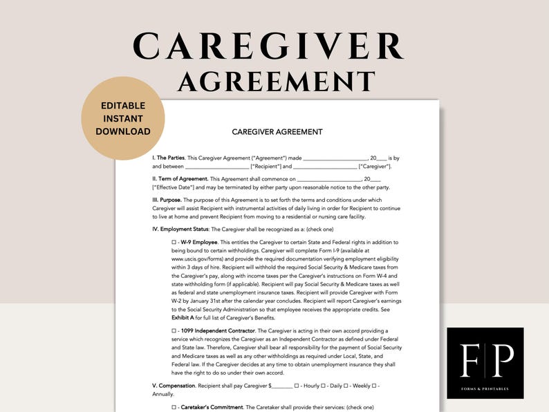 Editable Caregiver Agreement Template: Employee or Contractor (PDF, MS ...