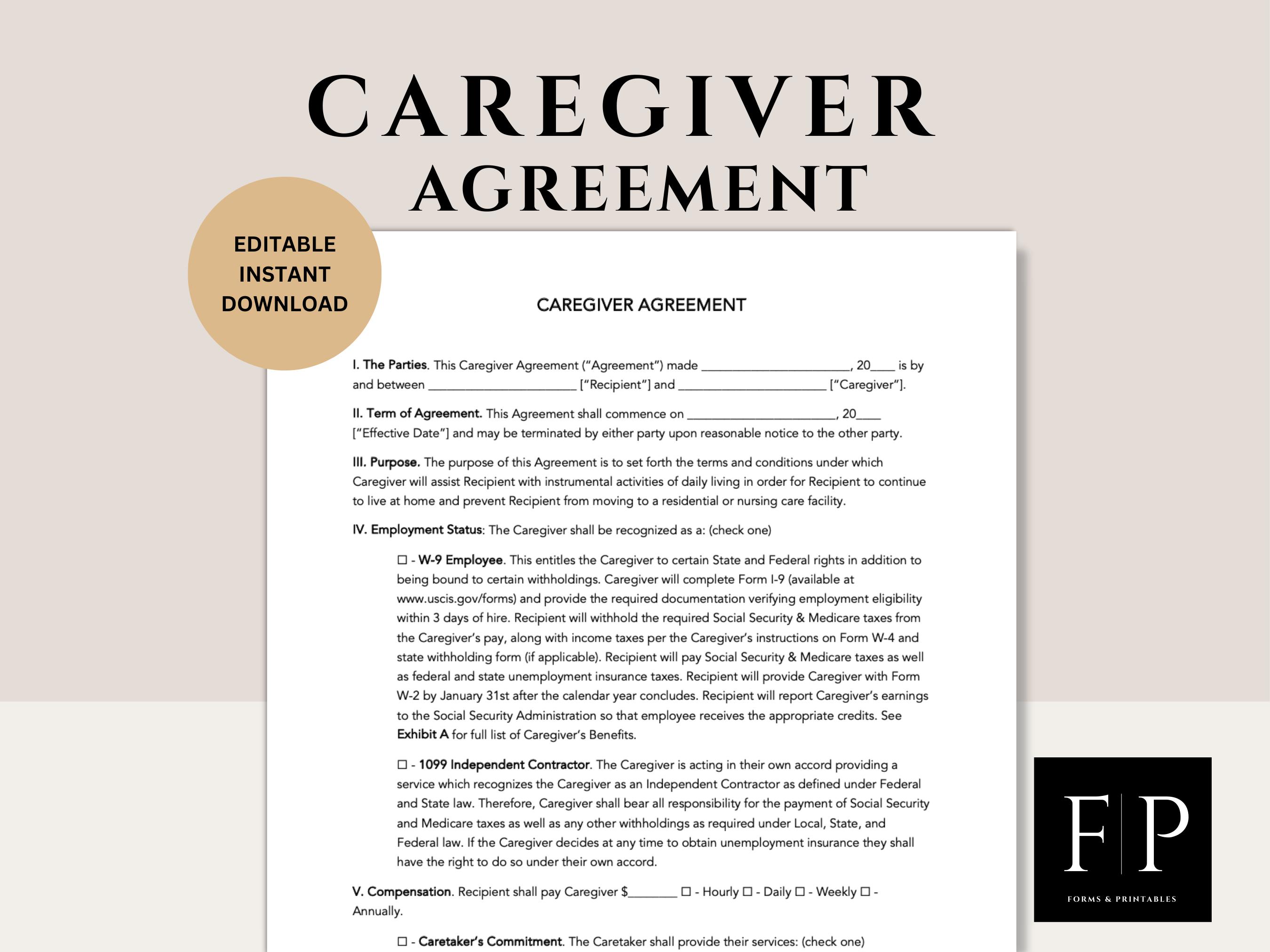 Editable Caregiver Agreement Template | Independent Contractor or ...