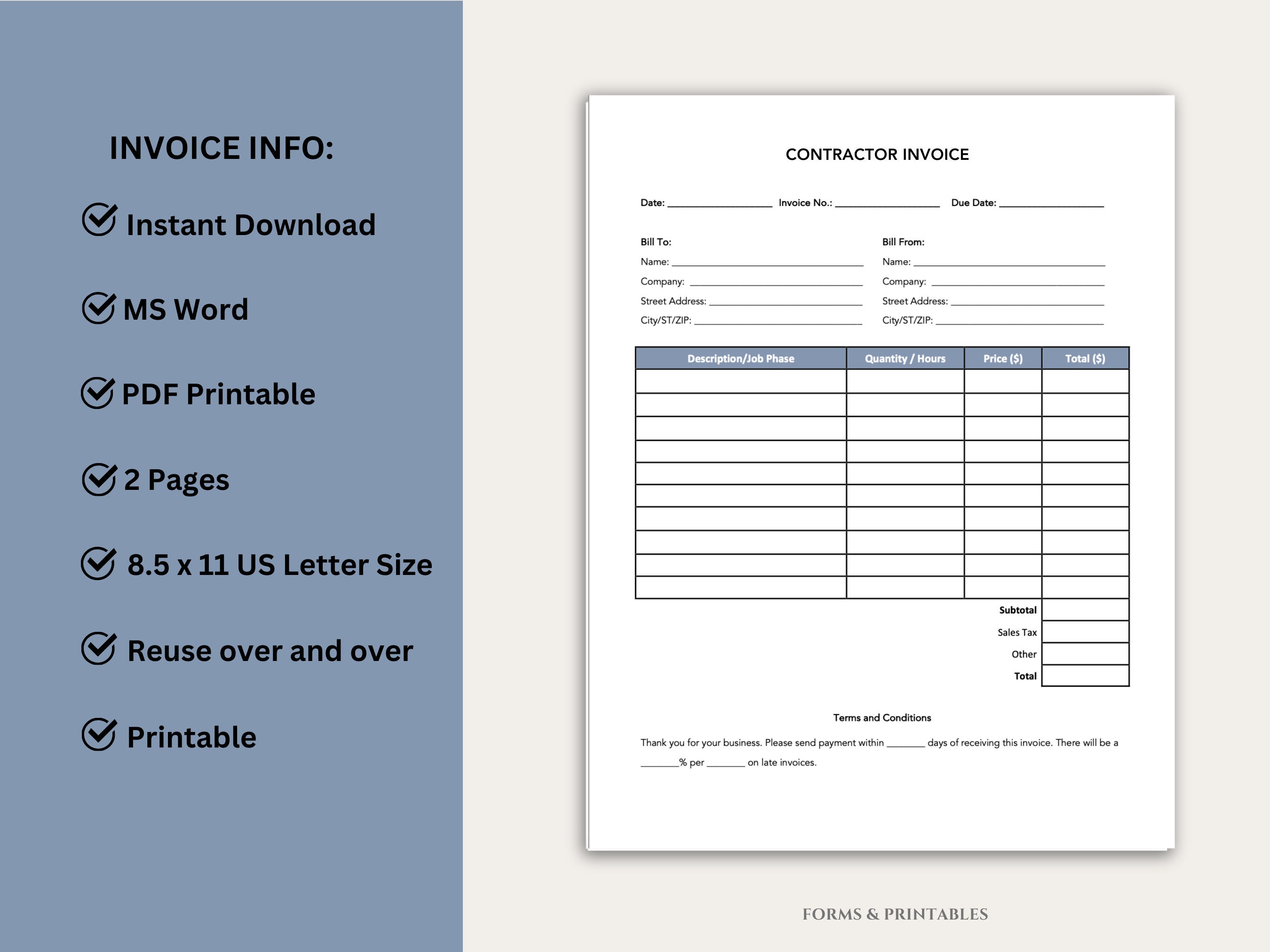 Contractor Invoice Template | Editable in MS WORD | Printable PDF ...
