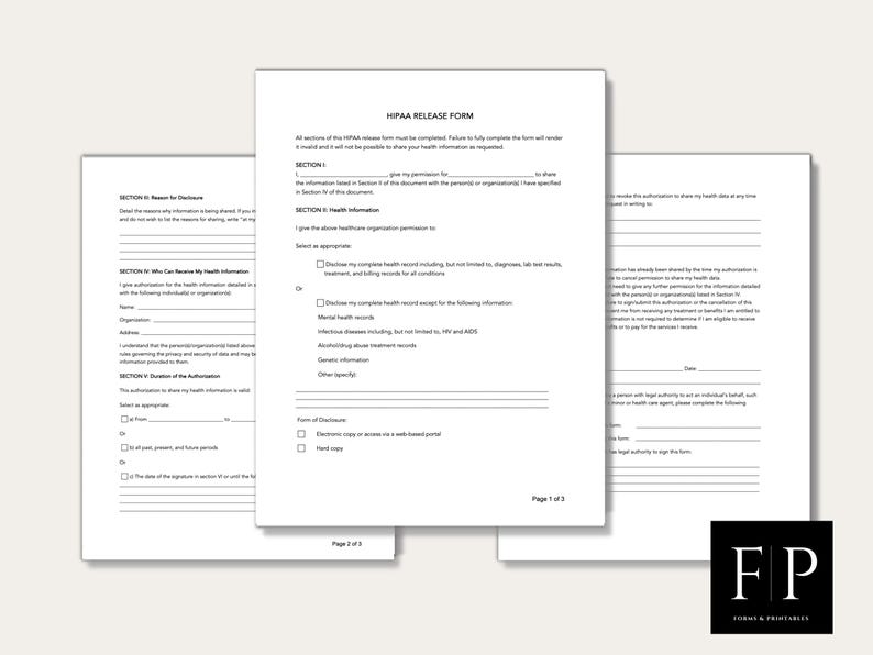 HIPAA Release Form: Editable MS Word & PDF Template (instant Download ...