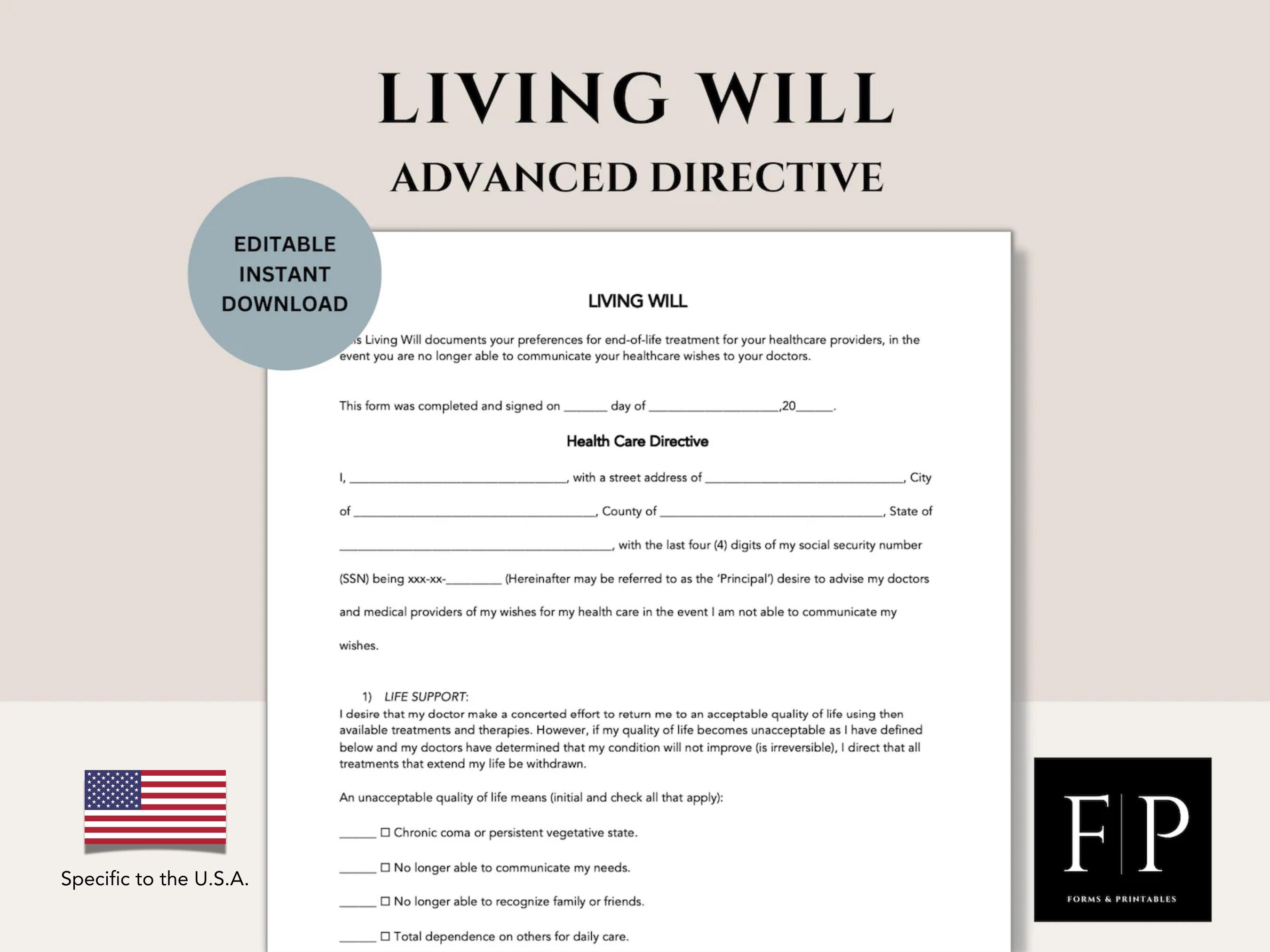 Living Will Form | Health Care Directive | Advanced Directives Form | U ...