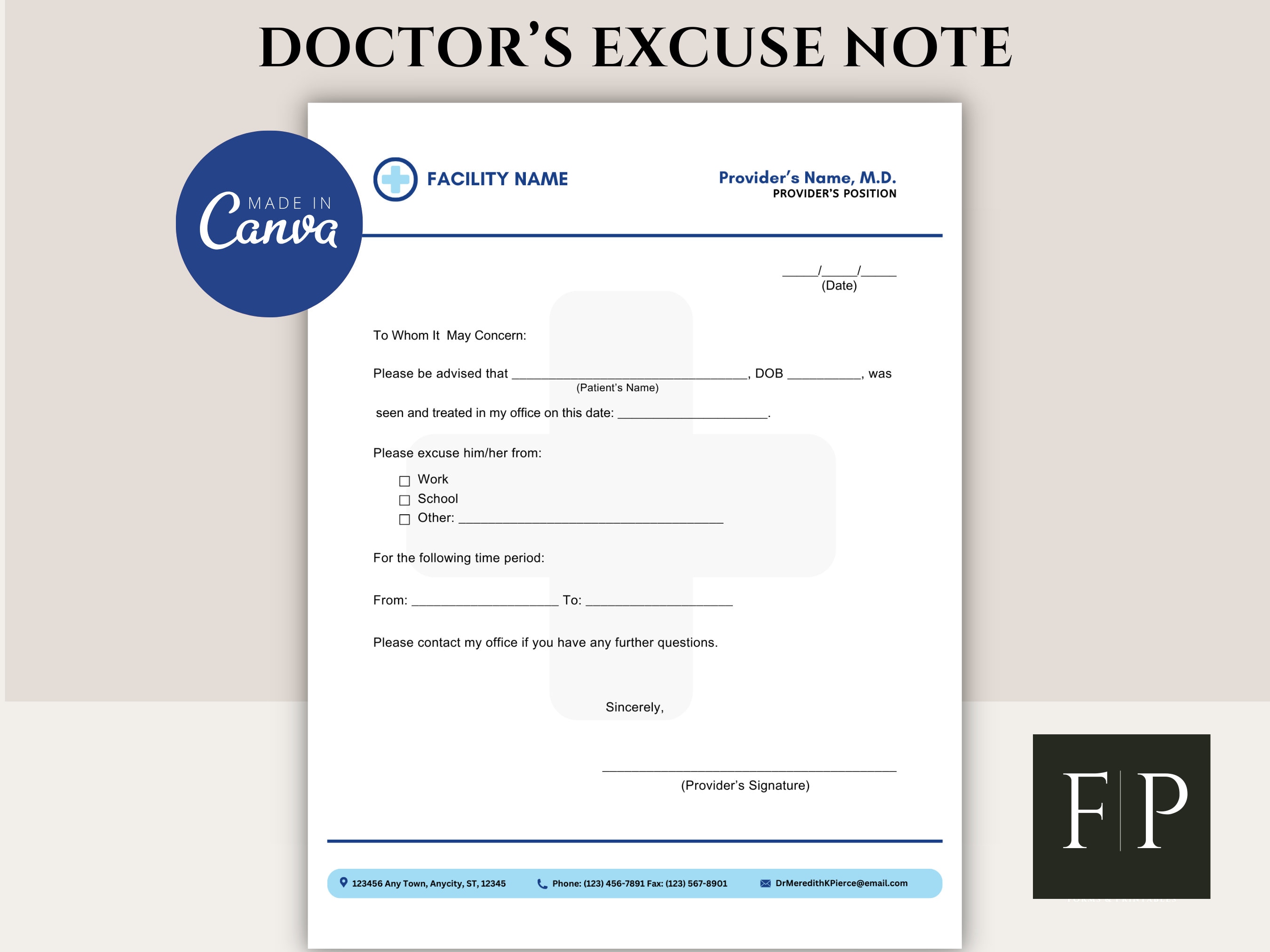 Doctor’s Excuse Note With Signature | Doctor Excuse Work School | Editable CANVA TEMPLATE ...