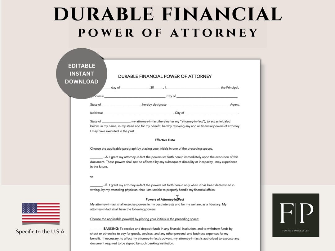 Durable Financial Power of Attorney Template: USA Specific (PDF & Word ...