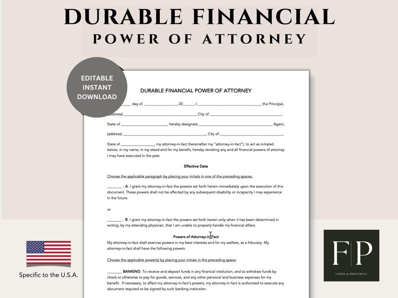Durable Financial Power of Attorney Template: USA Specific (PDF & Word ...