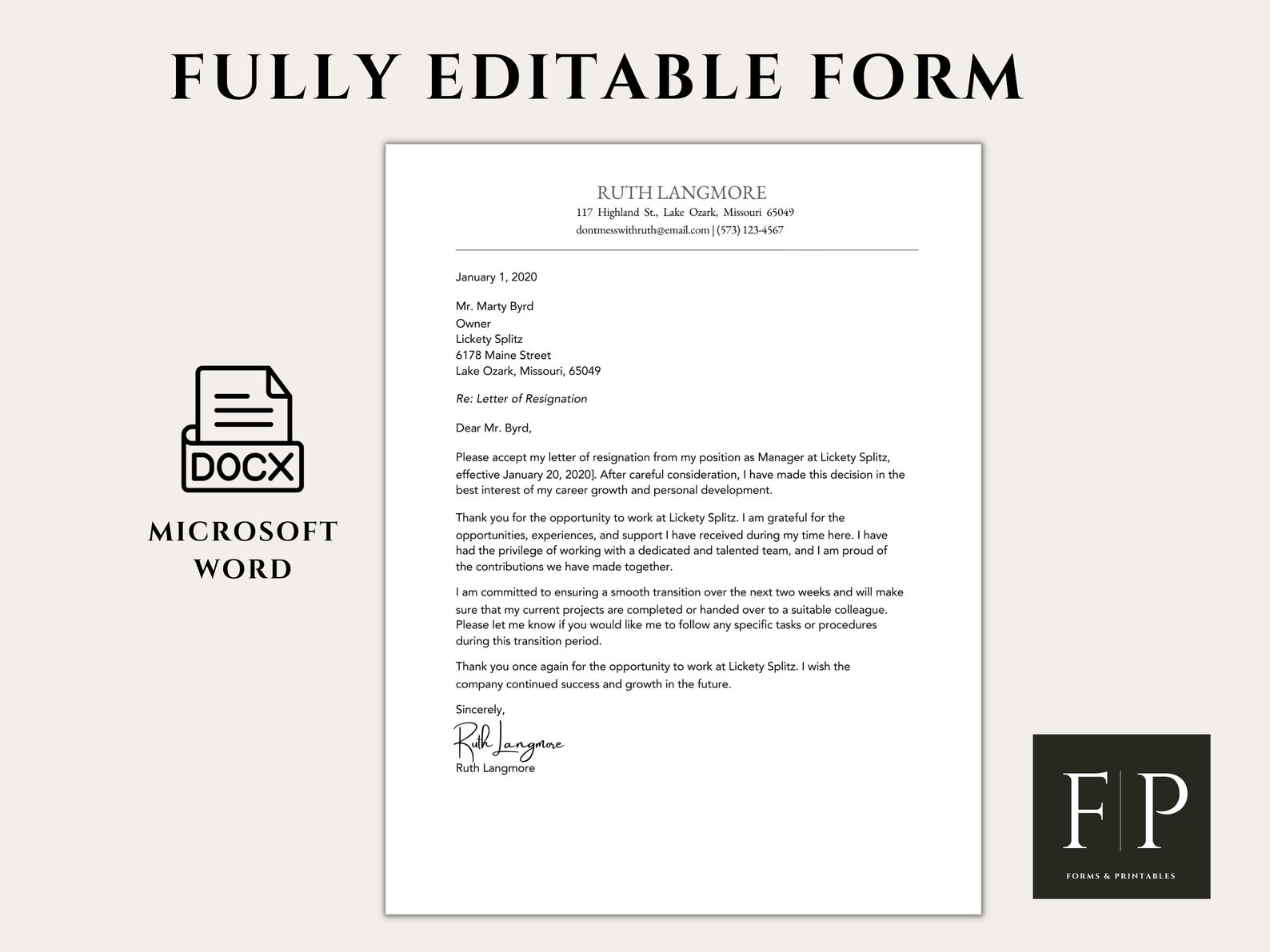 Resignation Letter Template| Editable | Microsoft Word - Etsy