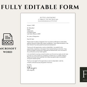 Resignation Letter Template| Editable | Microsoft Word - Etsy