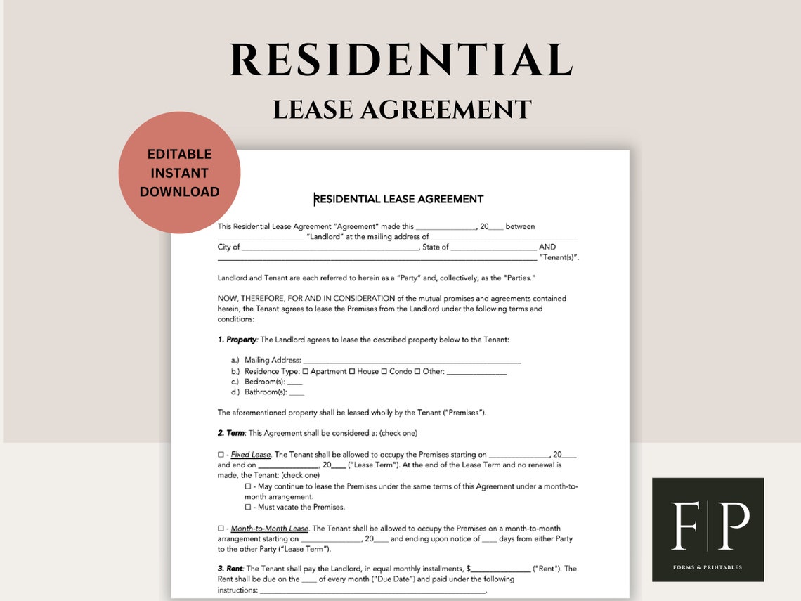 Residential Lease Agreement Template: Editable Rental Form (PDF & Word ...