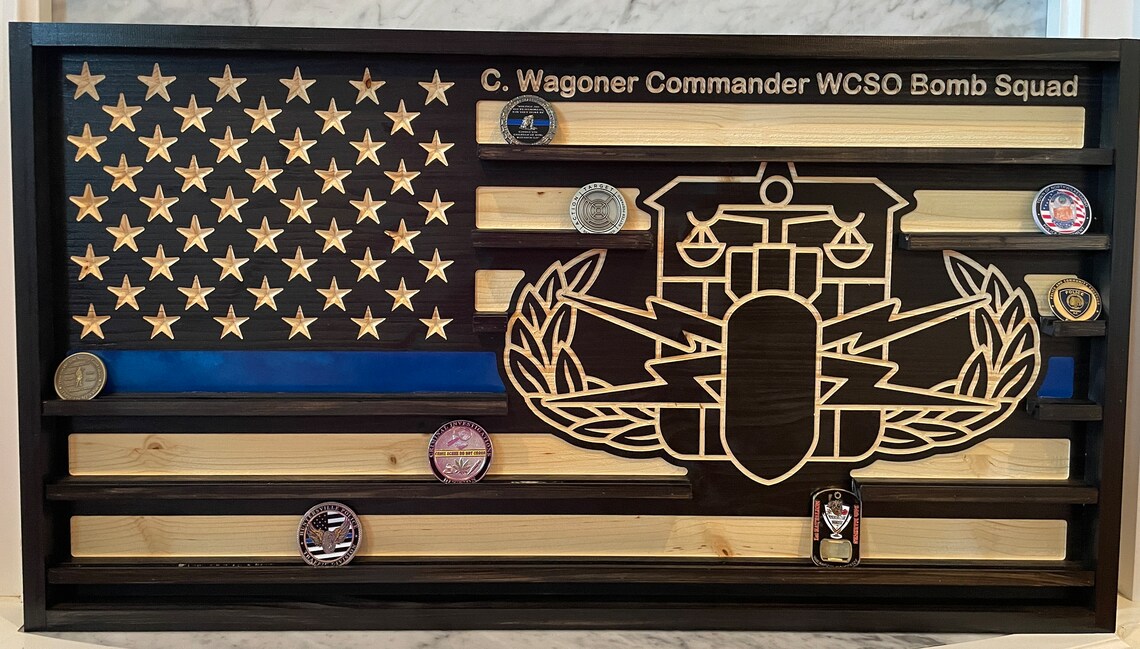 EOD/SWAT Flag/ Coin Holder, Bomb Squad Flag, Custom Subdued Wood Flag, Wood Flag, Coin Holder ...