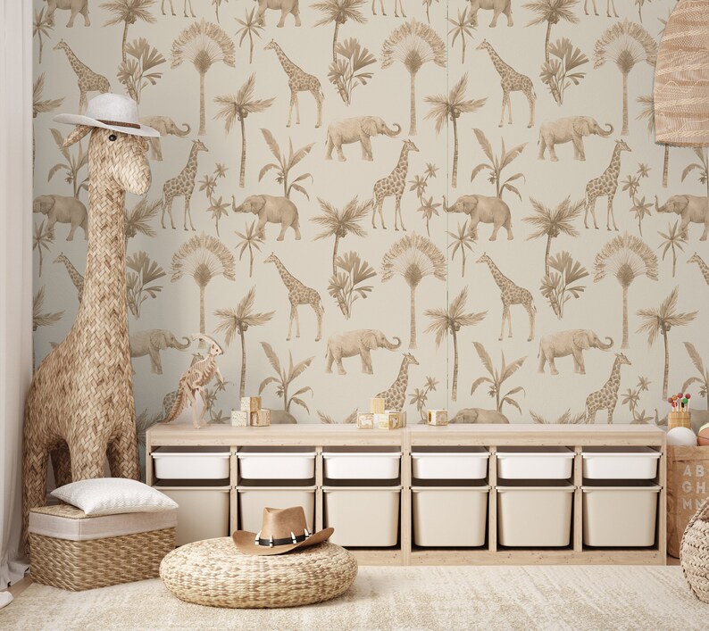 Boho Safari Wallpaper: Giraffe, Elephant Nursery Wall Art - Etsy