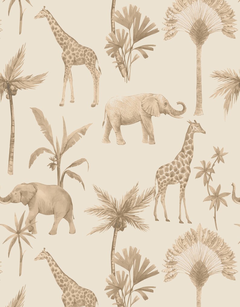 Boho Safari Wallpaper Giraffe Elephant Wallpaper Nursery - Etsy