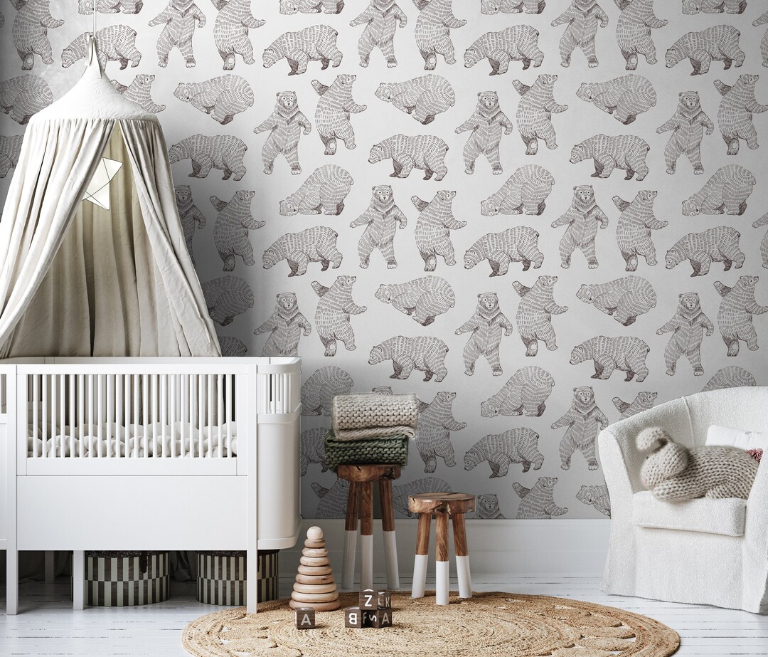 Bear Wallpaper, Kids Wallpaper, Boys Nursery Wallpaper, Black and White ...