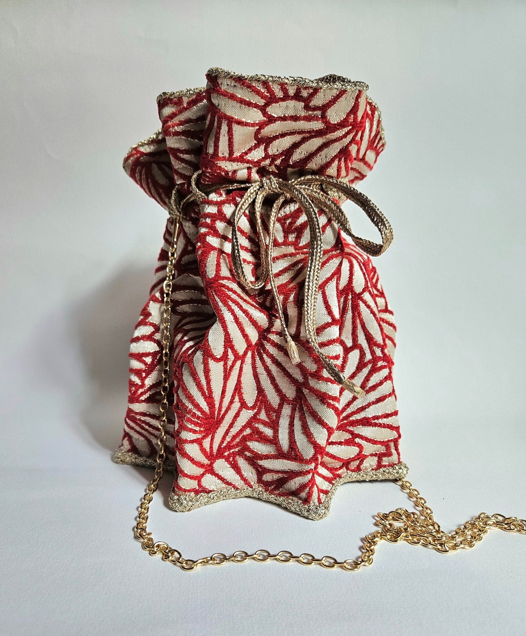 Gold and Red Bucket Bag With Shoulder Strap, Upcycled Fabric Purse Bag ...