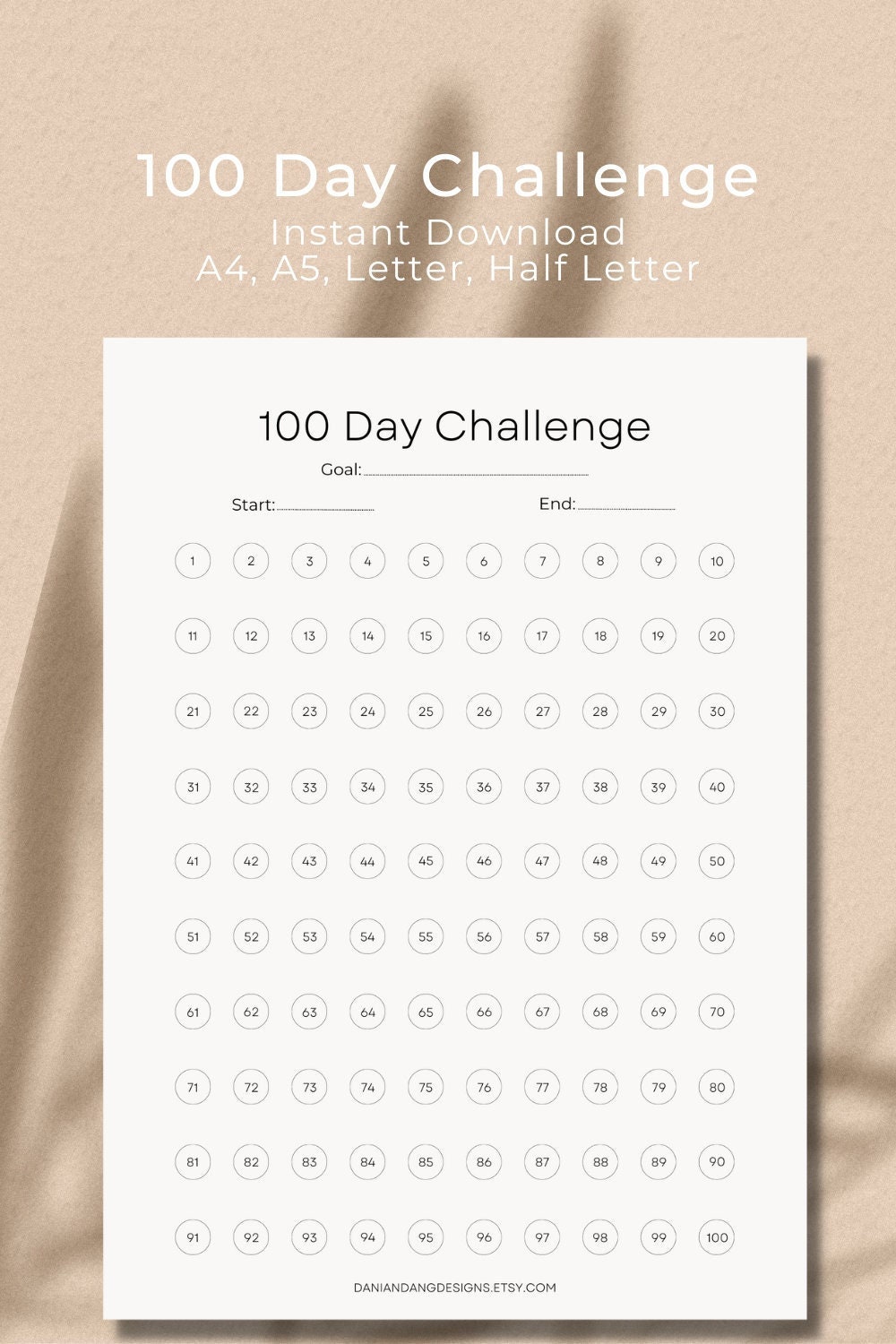 100 Day Challenge Printable, A4/a5/letter/half Letter, PDF - Etsy