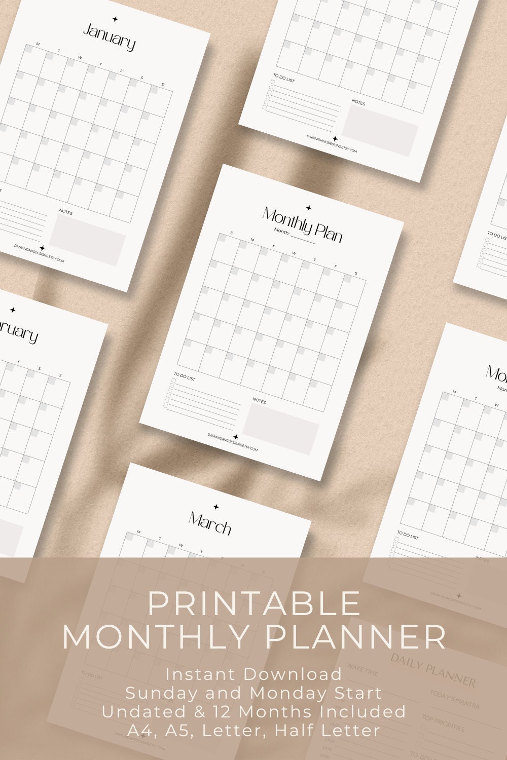 Monthly Planner Printable 12 Months Monday & Sunday Start - Etsy