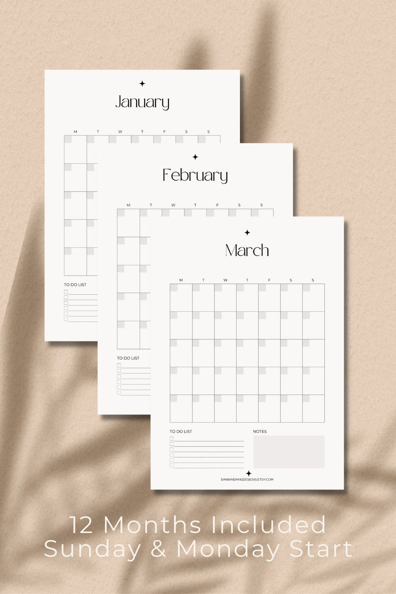 Monthly Planner Printable 12 Months Monday & Sunday Start - Etsy