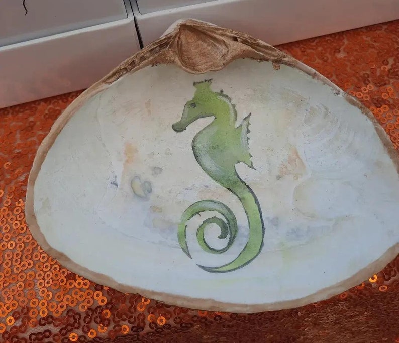 Clam Shell Art Sea Horse Jewelry Dish Trinket Dish Decoupage Gold Leaf ...
