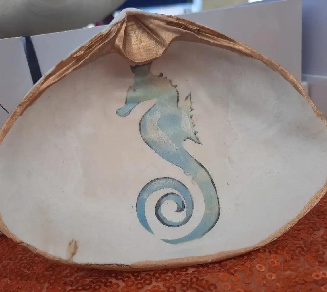 Clam Shell Art Sea Horse Jewelry Dish Trinket Dish Decoupage Gold Leaf ...