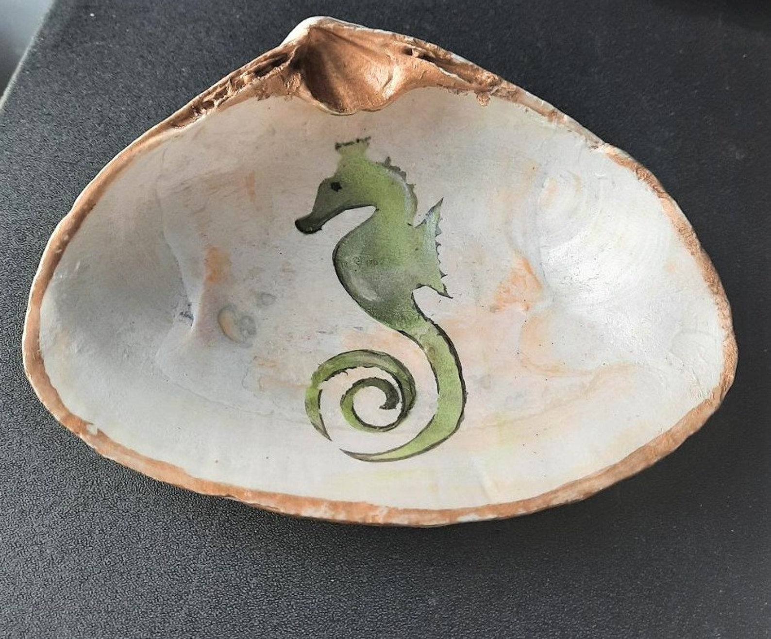 Clam Shell Art Sea Horse Jewelry Dish Trinket Dish Decoupage Gold Leaf ...