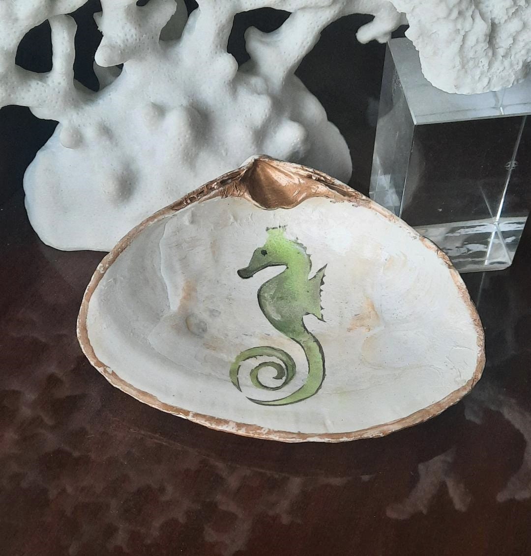 Clam Shell Art Sea Horse Jewelry Dish Trinket Dish Decoupage Gold Leaf ...