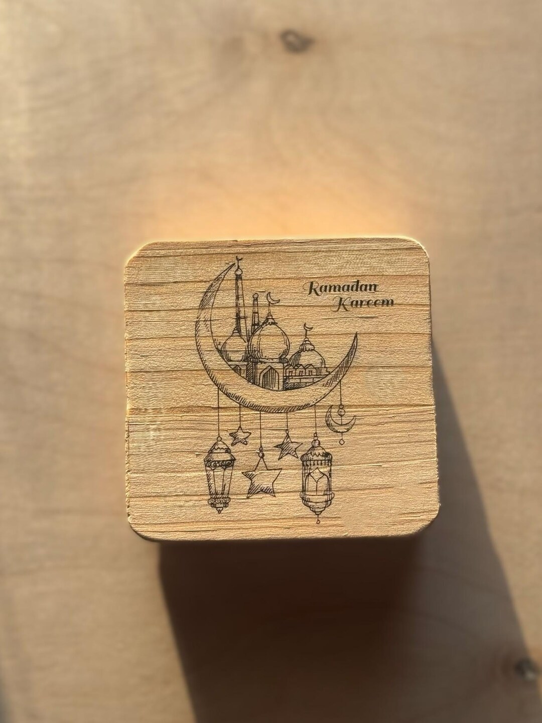 Ramadan Coasters – Wooden Engraved Set of 4 With Moon, Lantern & Mosque ...