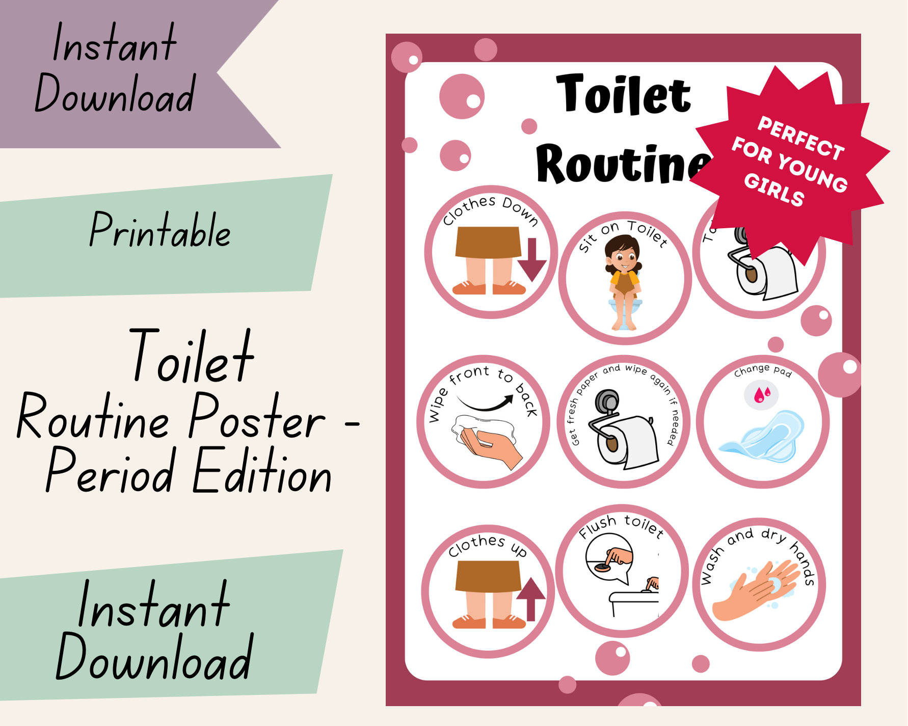 Period Poster, Printable Bathroom Routine for Girls, Toilet Routine ...