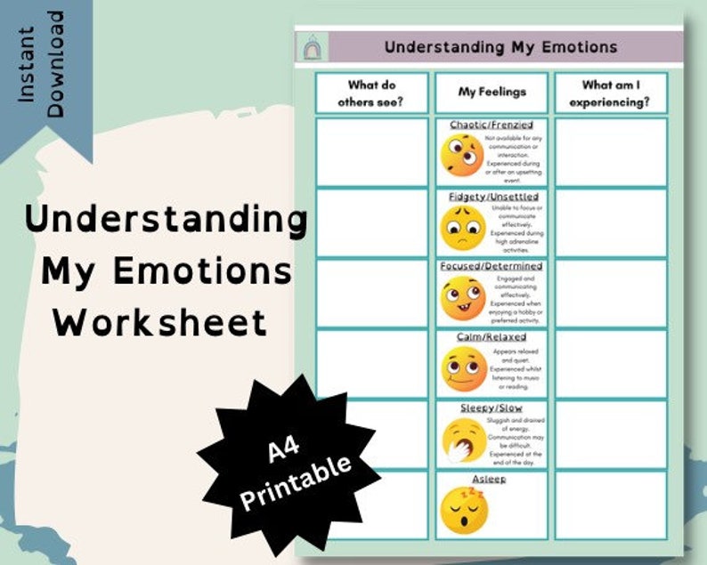 Understanding My Emotions Worksheet, Mental Health Digital Download ...