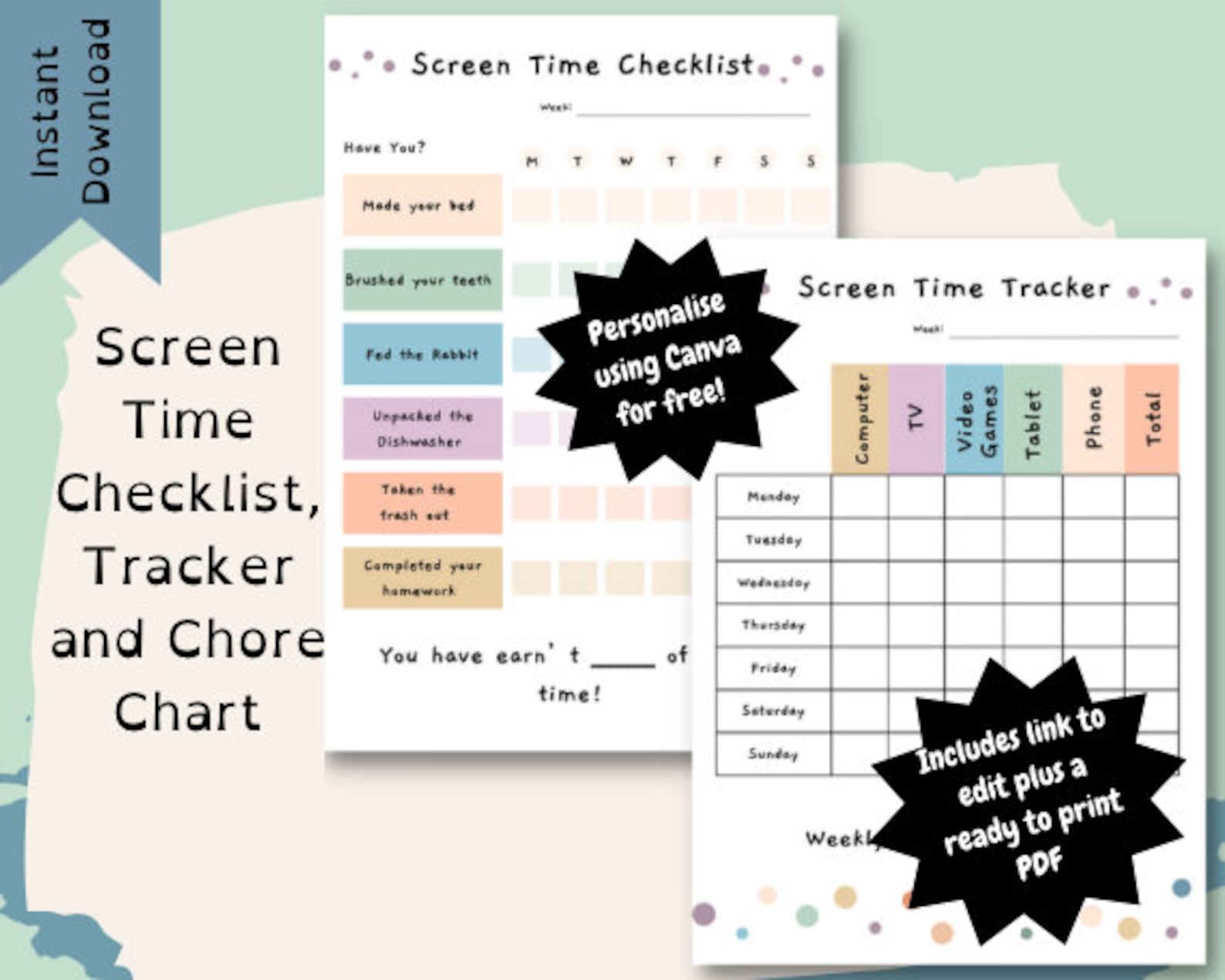 Editable Screen Time Checklist, Screen Time Tracker, Screen Time Chore ...