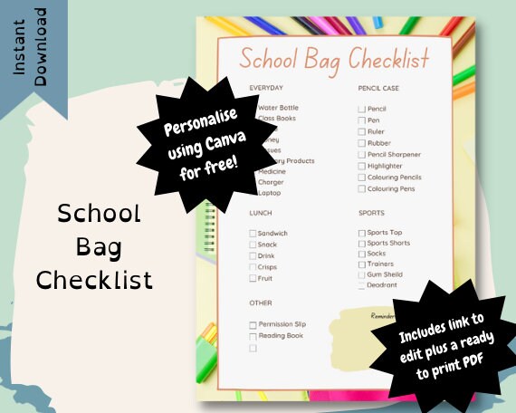School Bag Checklist, Rucksack Packing List, to Do List for School ...