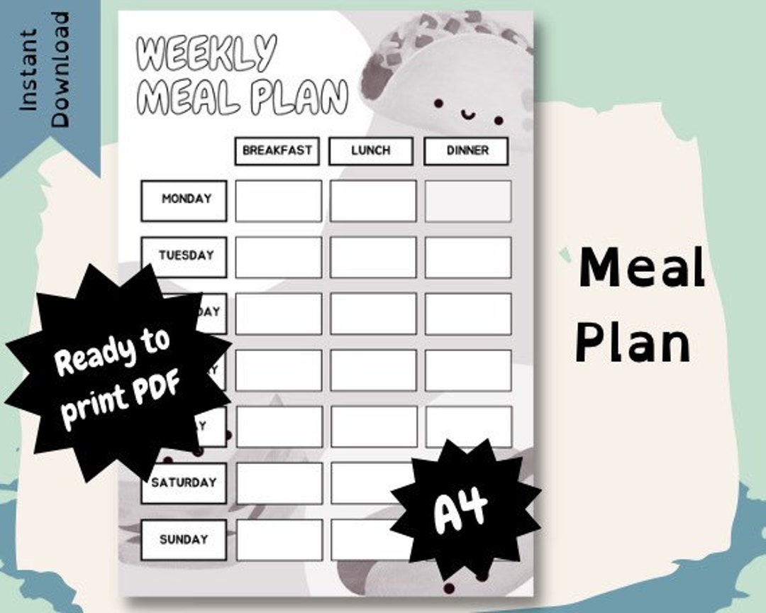 Weekly Meal Planner Printable Black and White, Weekly Food Diary, Meal ...