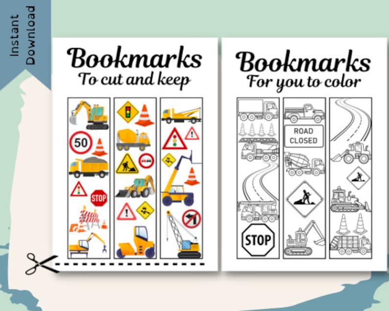 Printable Bookmarks Trucks and Diggers, Color Your Own Bookmark ...
