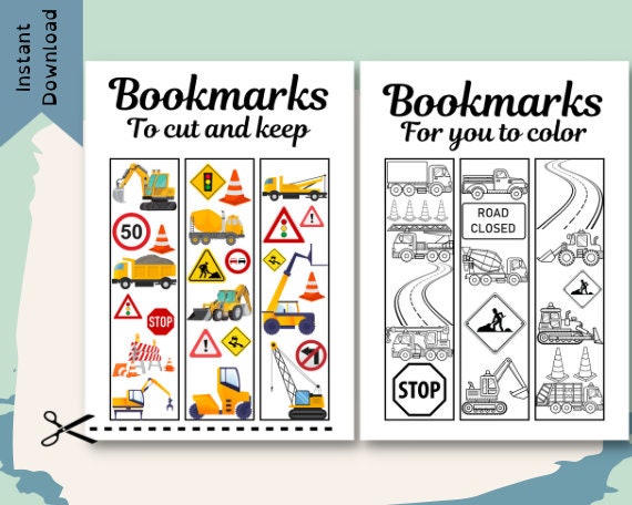 Printable Bookmarks Trucks and Diggers, Color Your Own Bookmark ...