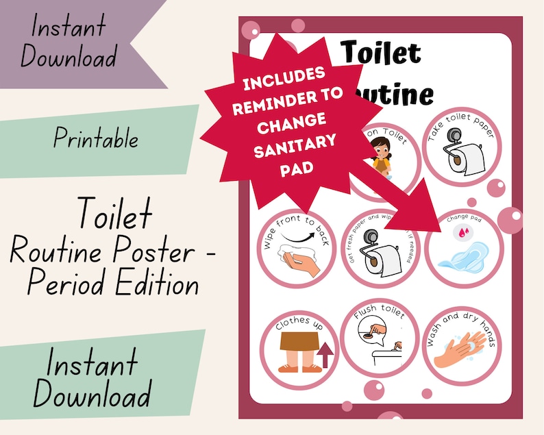 Period Poster, Printable Bathroom Routine for Girls, Toilet Routine ...