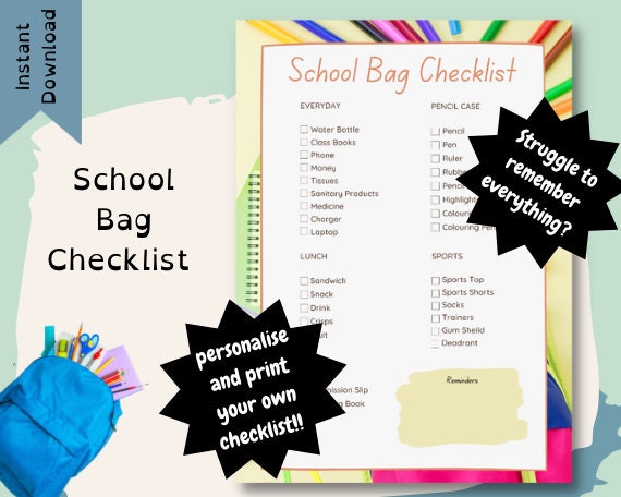 School Bag Checklist, Rucksack Packing List, to Do List for School ...