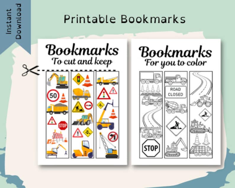 Printable Bookmarks Trucks and Diggers, Color Your Own Bookmark ...