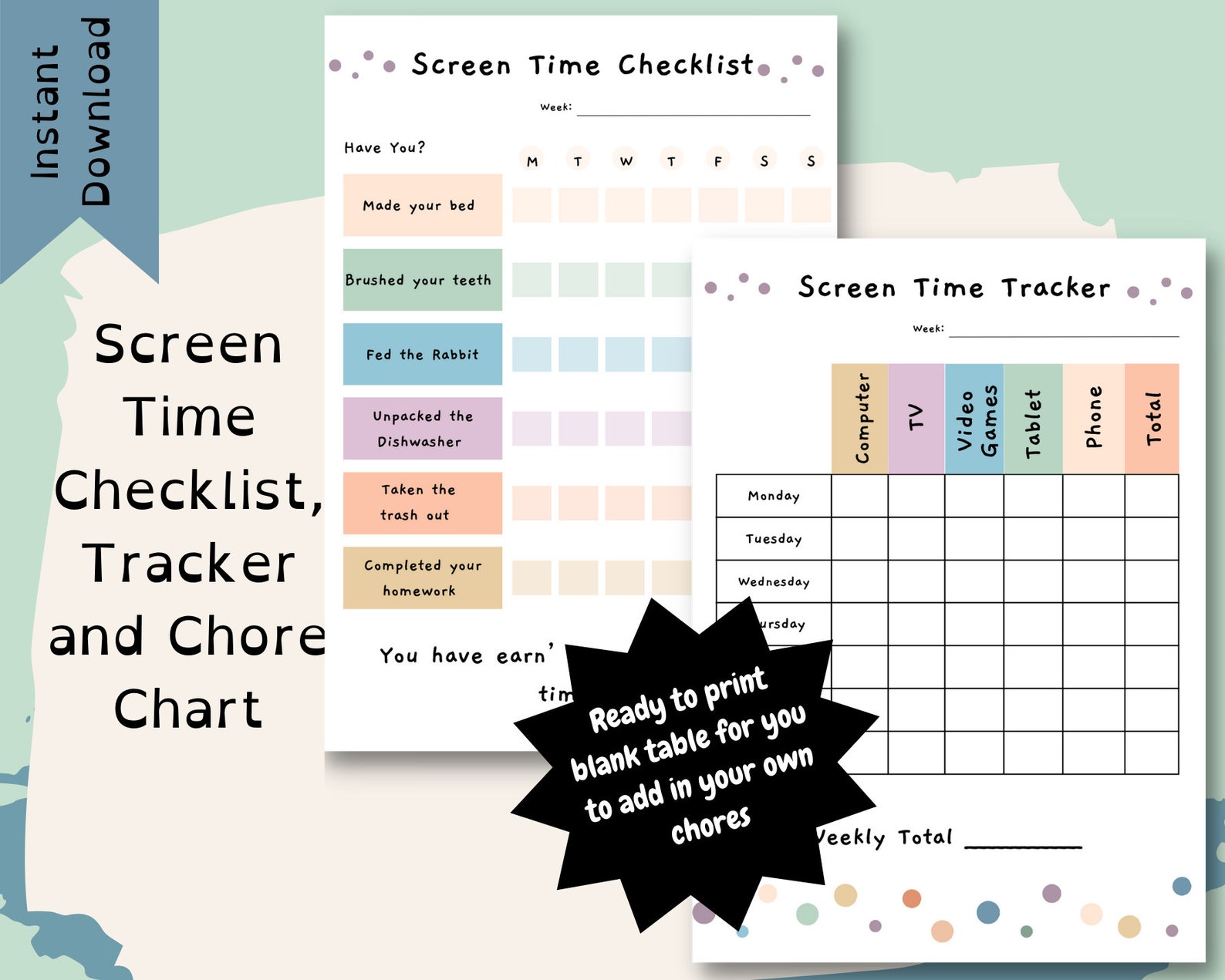 Screen Time Checklist, Screen Time Tracker, Screen Time Chore Chart ...