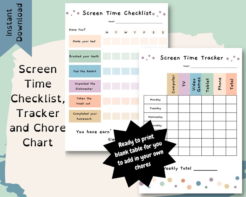 Screen Time Checklist, Screen Time Tracker, Screen Time Chore Chart ...