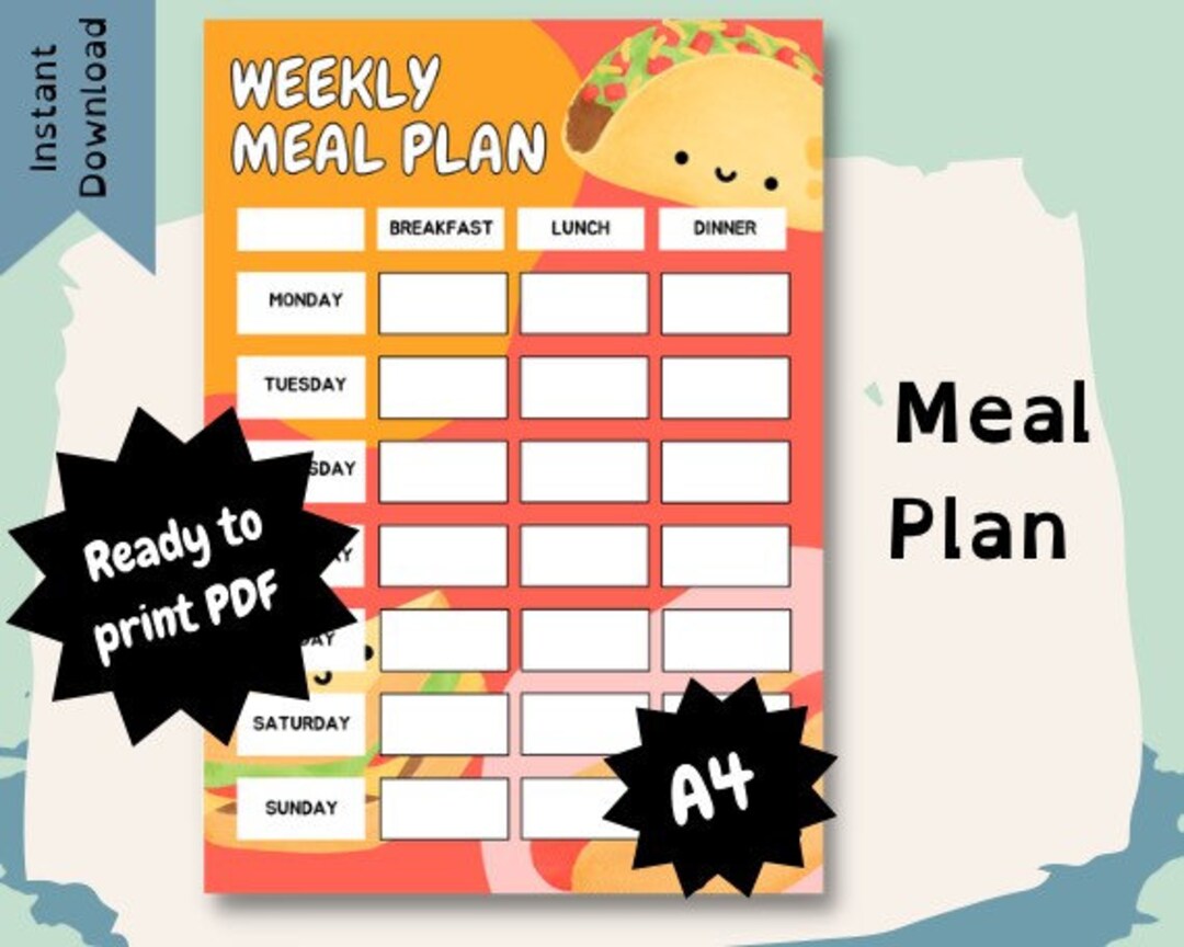 Weekly Meal Planner Printable, Weekly Food Diary, Meal Tracker, Food ...