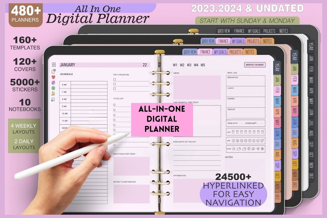 Undated Digital Planner, 2023 2024 Pink Digital Journal, Goodnotes ...