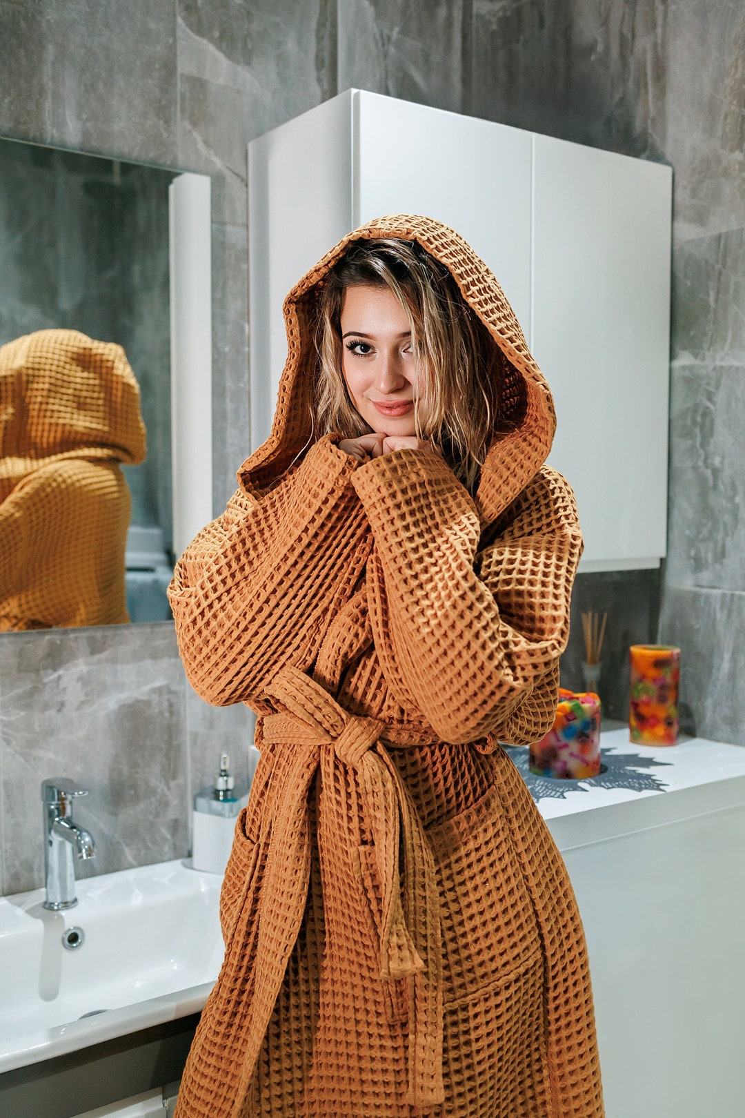 Luxurious Waffle Weave Bathrobe, Natural Cotton Thick Robe, Elegant ...